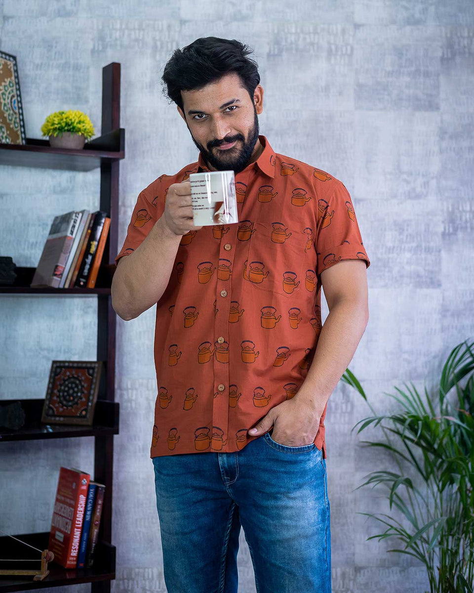 Chai Kettle Print Shirt Signature Collection – Rust – rushmefashions.com